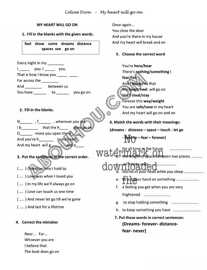 My heart will go on Celine dion Song Listening lesson plan